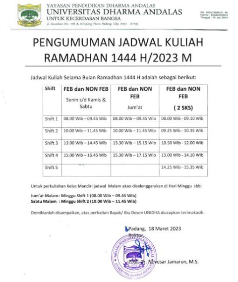 Jadwal Perkuliahan Bulan Suci Ramadhan 1444 H/2023 M | Universitas Dharma Andalas